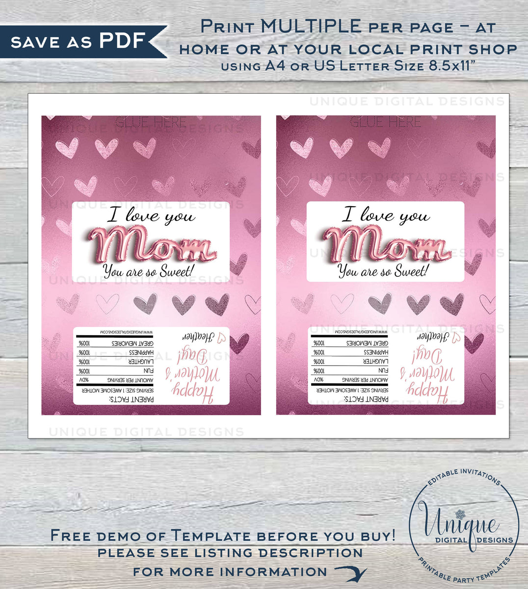 Personalized Mother's Day Gift Candy Bar Wrapper, Editable Mom Appreci