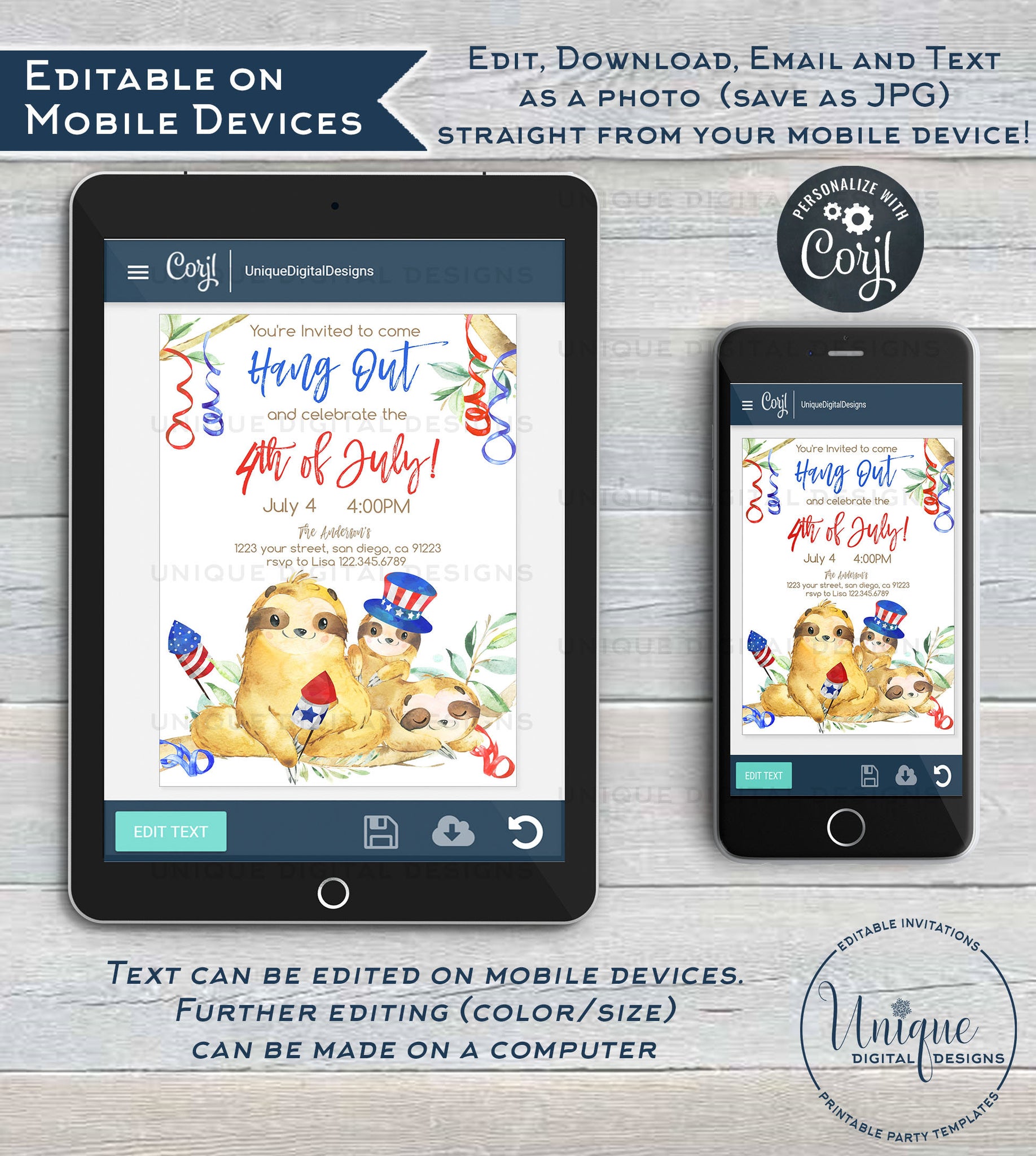 4th of July Sloth Invitation, Editable Backyard Grill Invite Slow Down