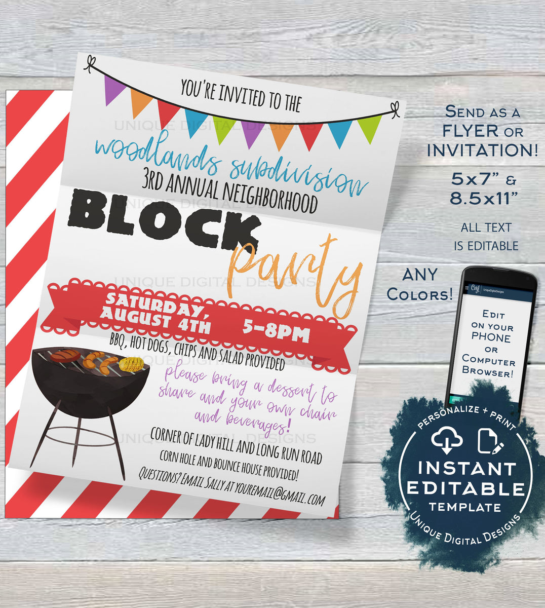 Block Party Invitation , Editable Backyard Summer BBQ Grill Out, Neigh