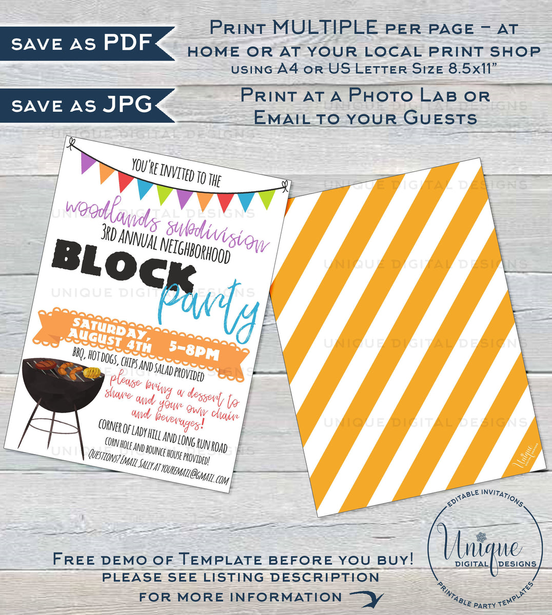 Block Party Invitation , Editable Backyard Summer BBQ Grill Out, Neigh