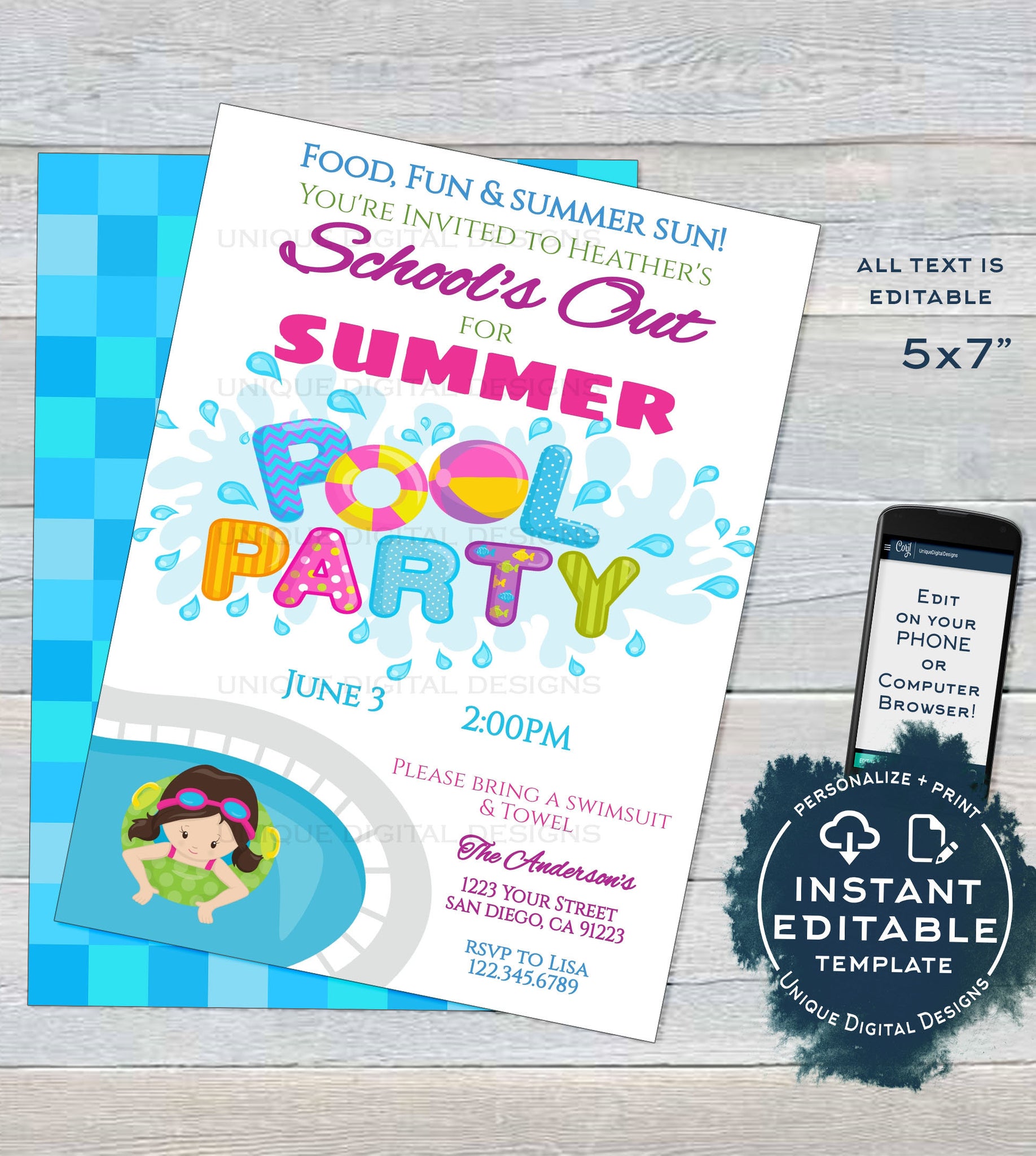 Schools Out for Summer Pool Party Invitation, Editable End of School P
