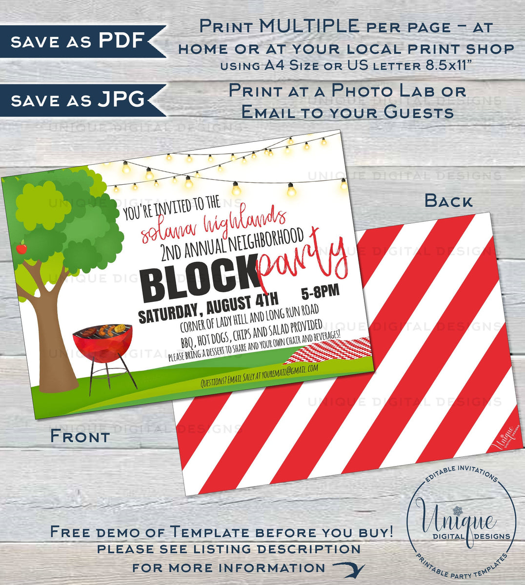 Editable Block Party Invitation , Neighborhood Street Party, Backyard
