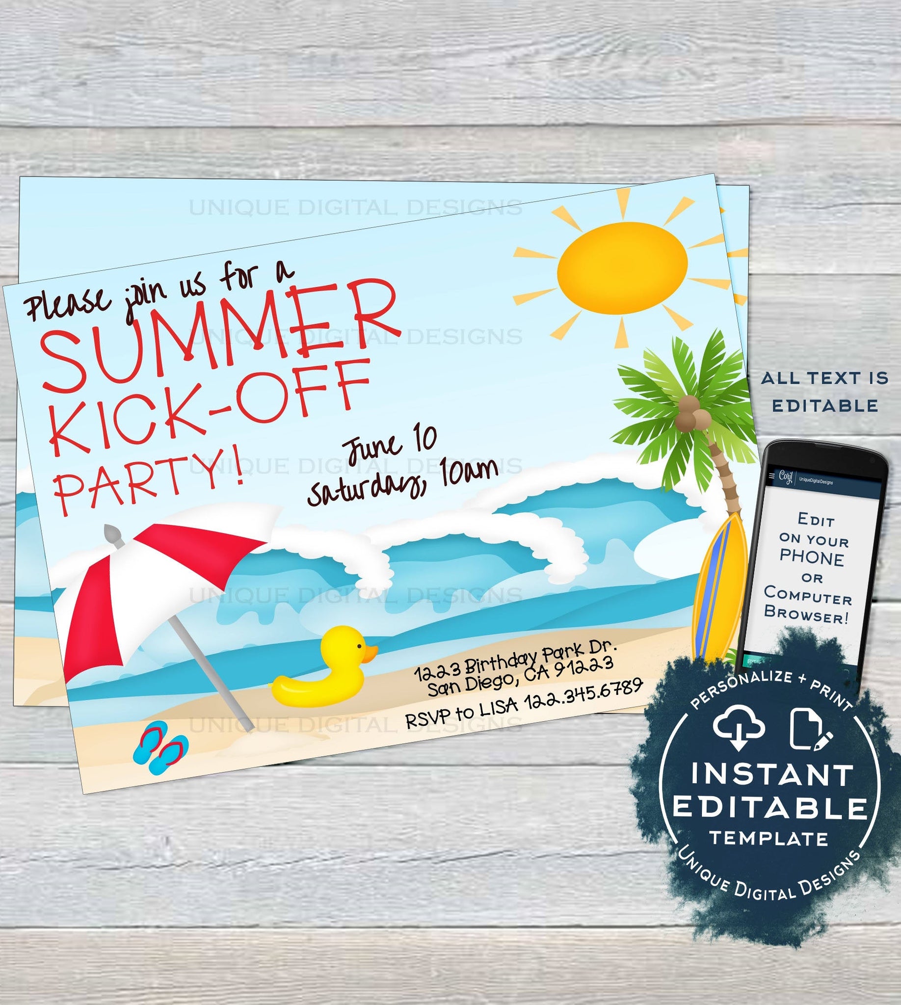 Summer KickOff Party Invitation Summer Beach Picnic Invite Surfs Up Pa