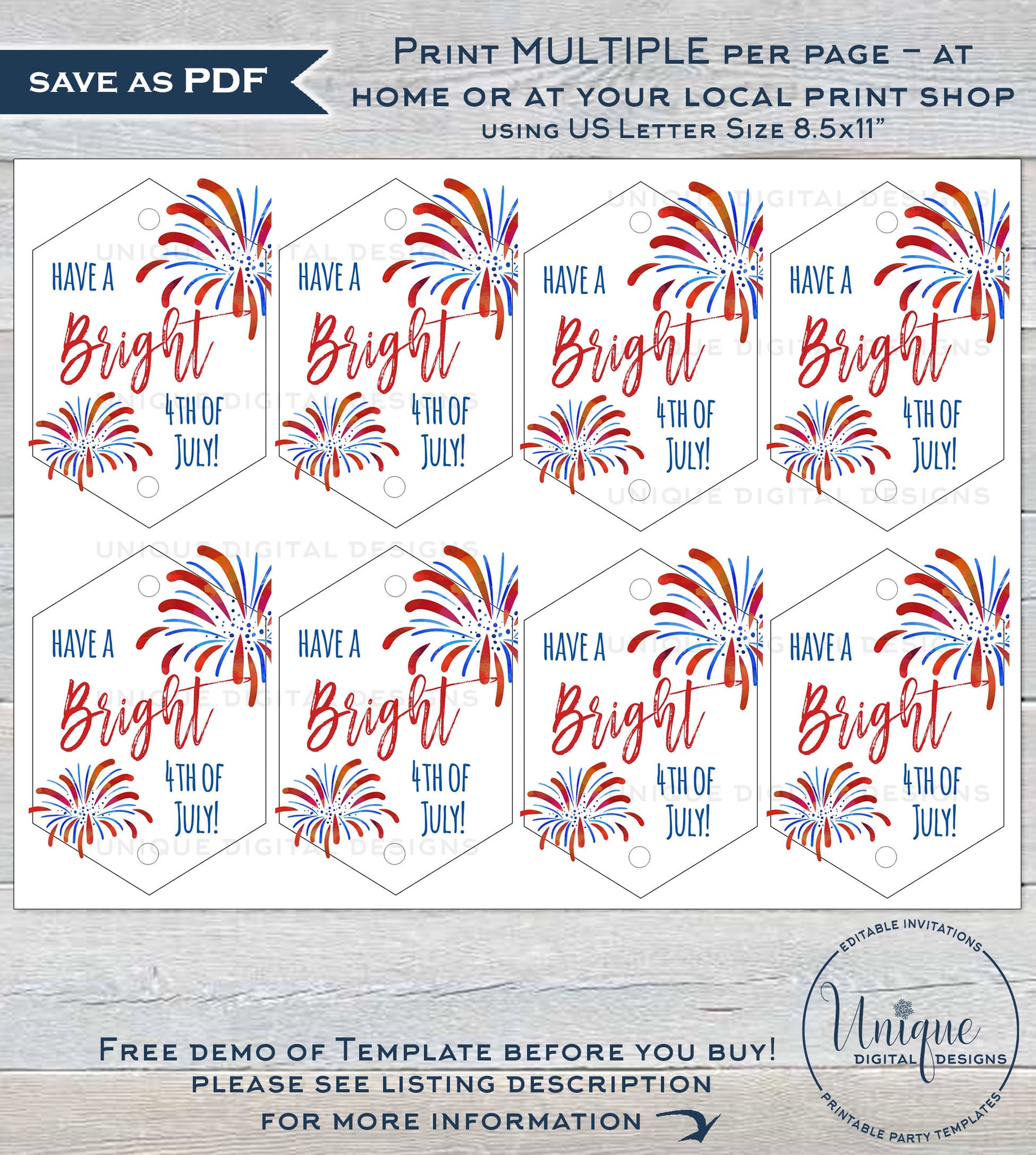 Editable Sparkler Tag , 4th of July Printable Favor Tags, Personalized