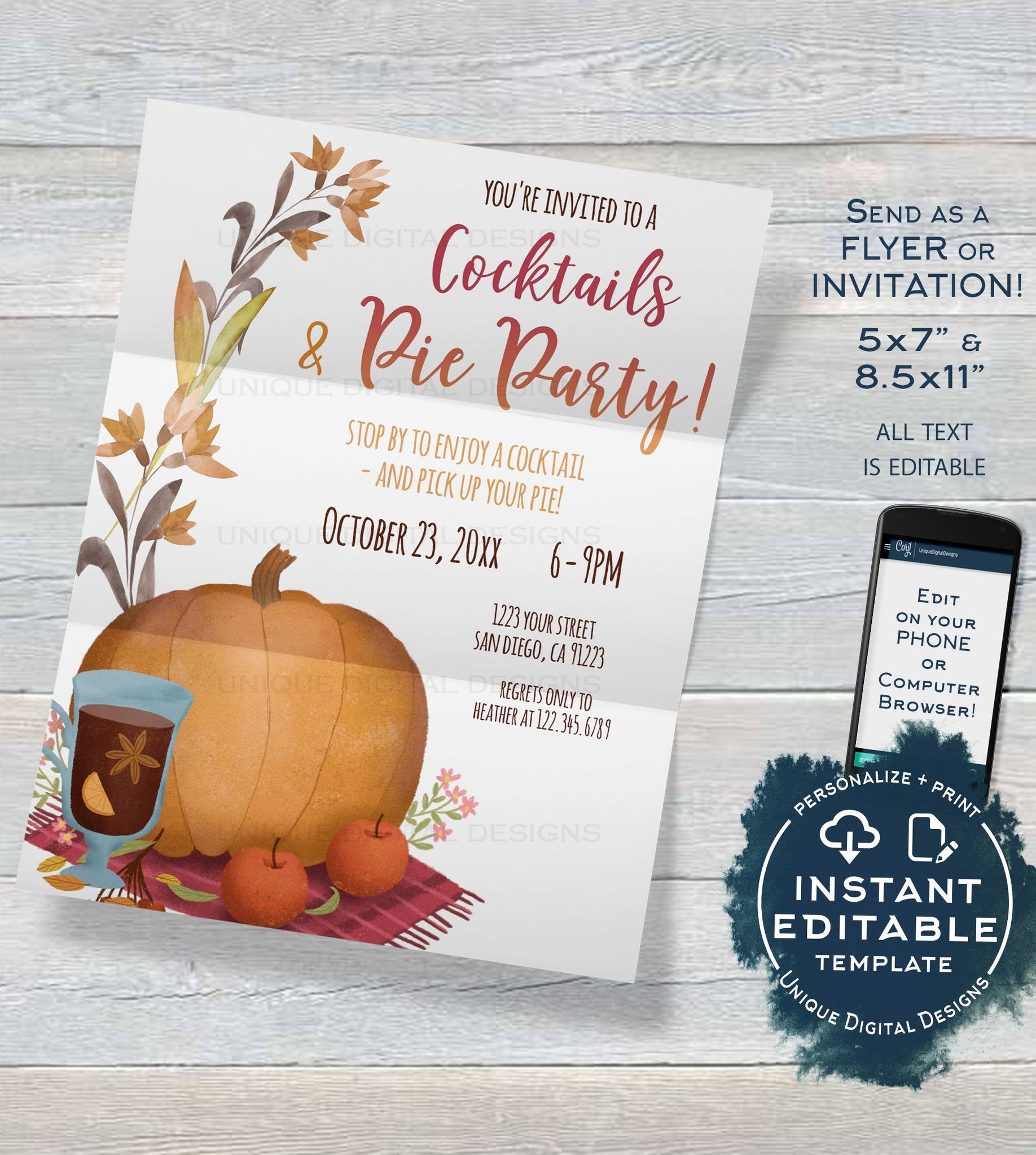 Pie Party Invite, Editable Cocktails and Pie Party Invite, Fall Party