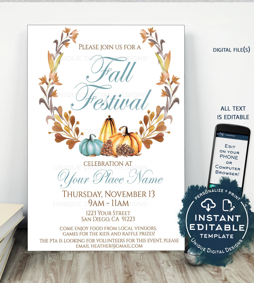 PTA Fall Festival Poster, Editable Fall Harvest Invitation, Printable