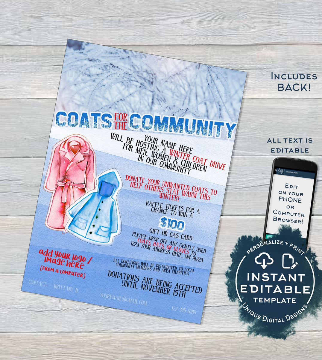 Editable Winter Coat Drive Flyer, Coats for the Community Fundraiser I