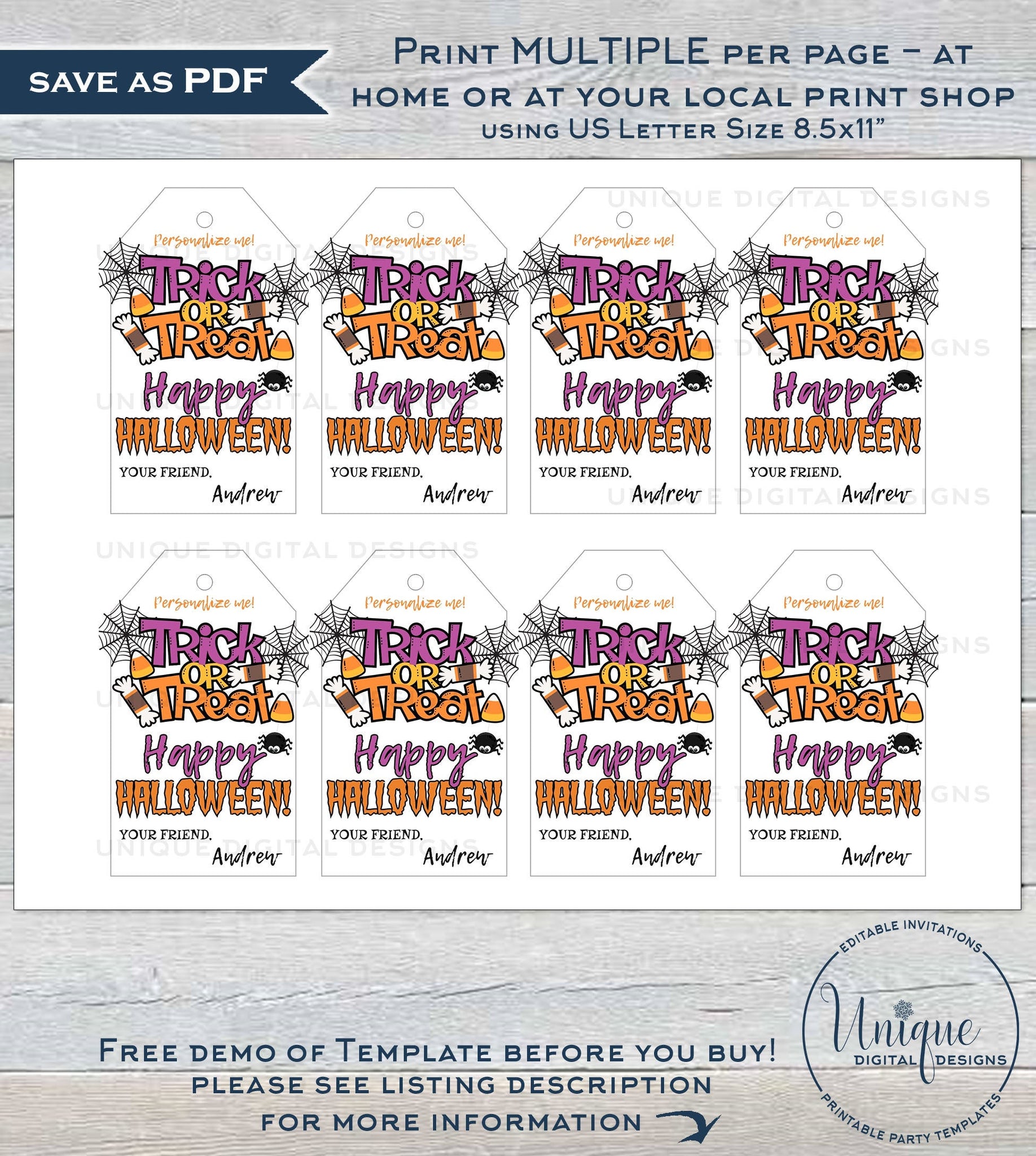 Editable Halloween Tags Printable, Trick or Treat Personalized Hallowe