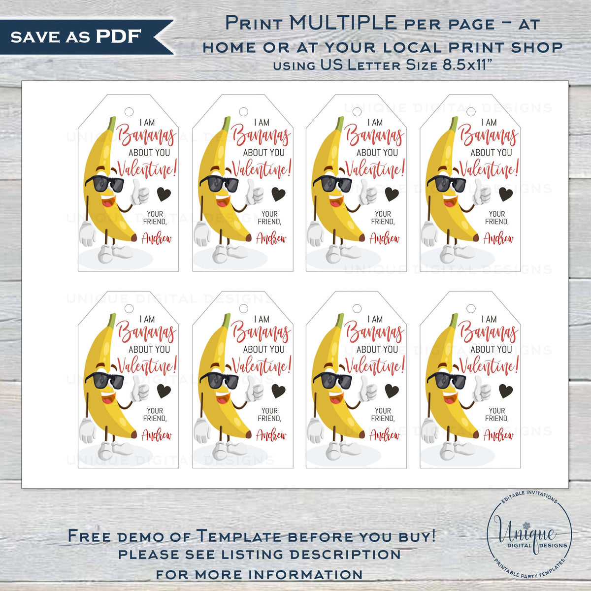 Editable Bananas About You Valentine Gift Tags, Girls or Boys Silly Va