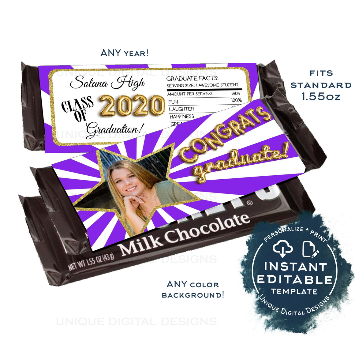 Chocolate Graduation Party Decorations, Editable Candy Bar Wrapper Pri