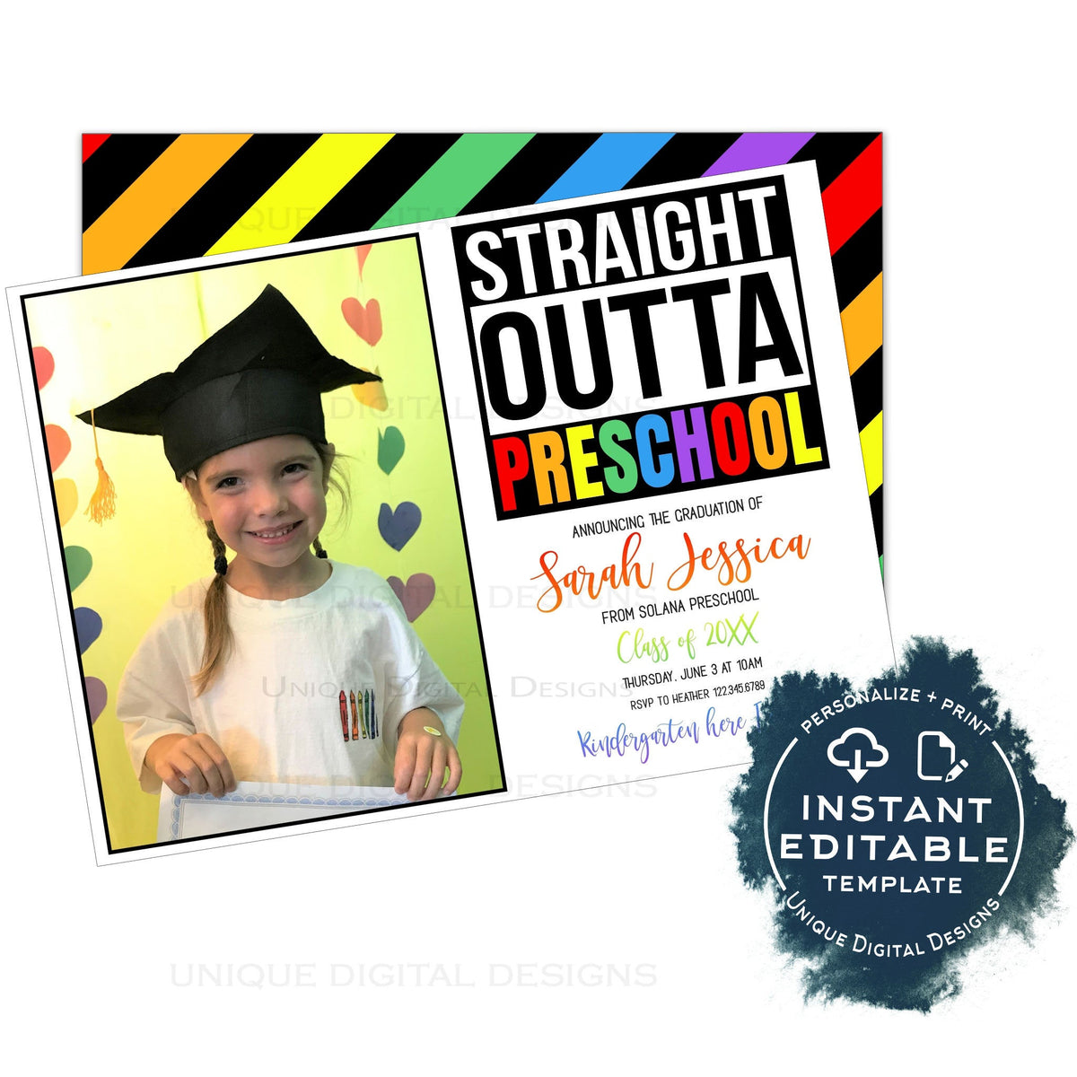 Straight Outta Preschool Graduation Announcement Card, Editable Girls