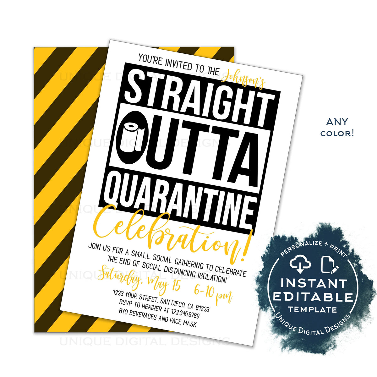 Straight Outta Quarantine Party Invitation, Editable End of Social Dis