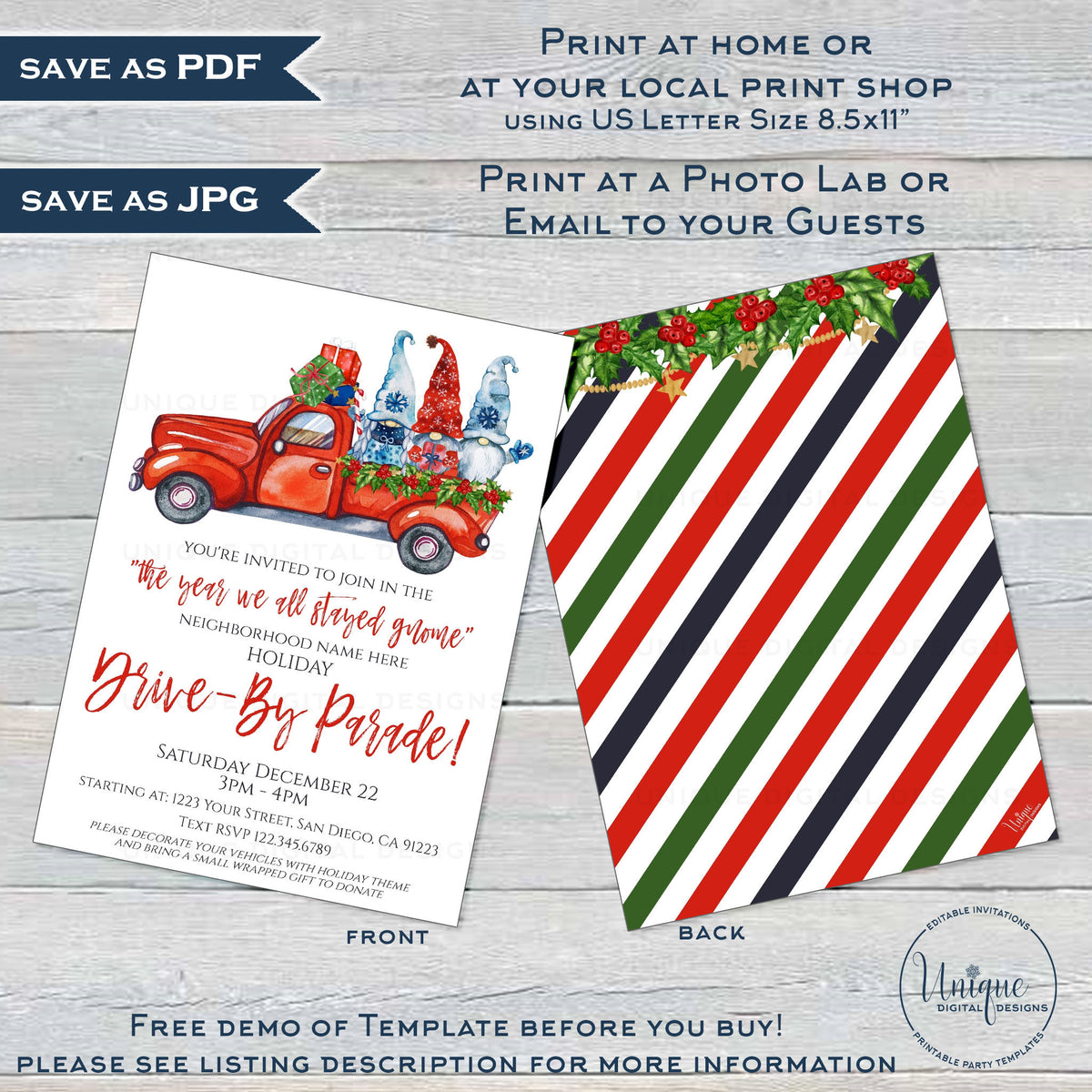 Editable Holiday Drive by Invitation, Year we All Stayed Gnome Block P