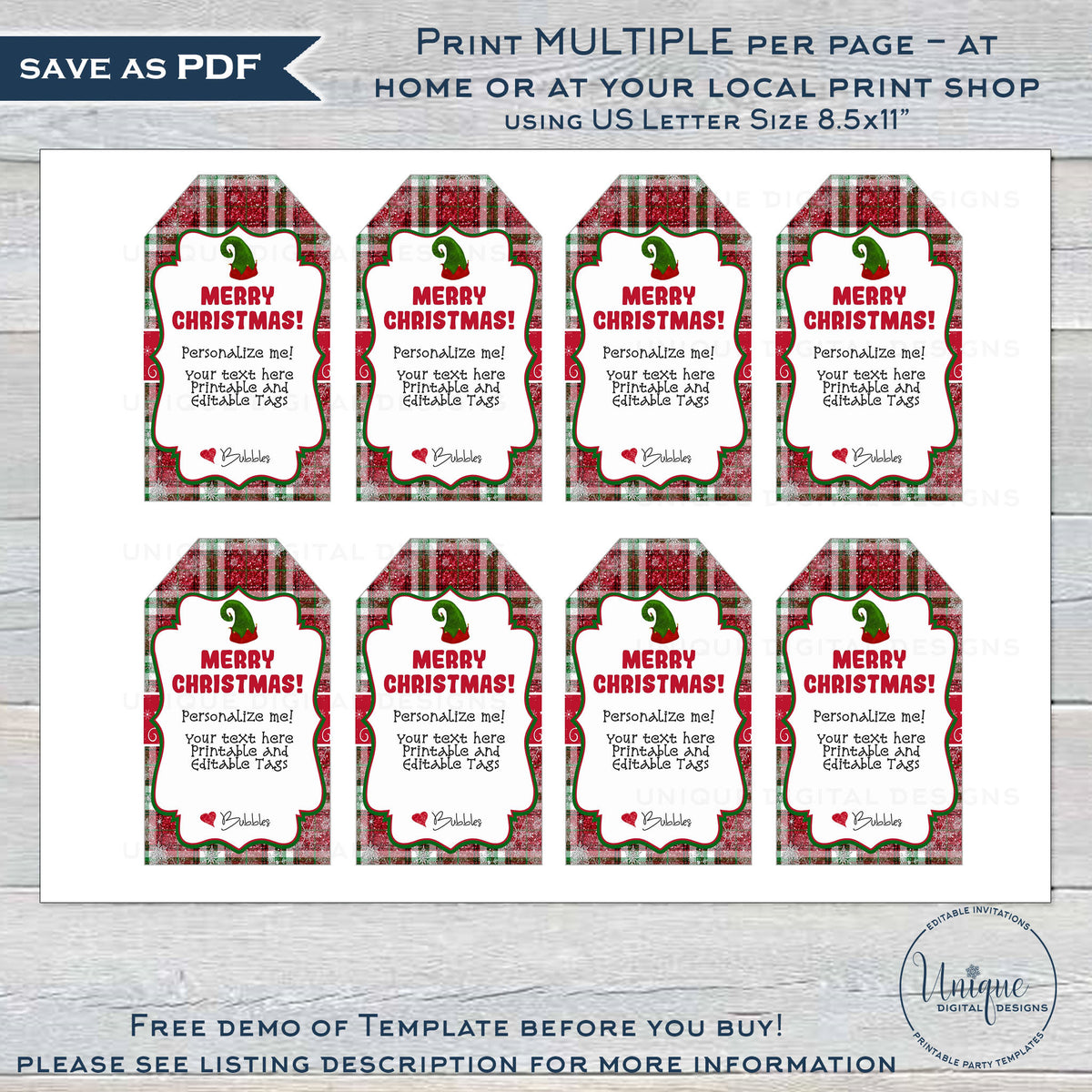 Editable Printable Christmas Tags, Personalized Holiday Tags, Plaid Ki