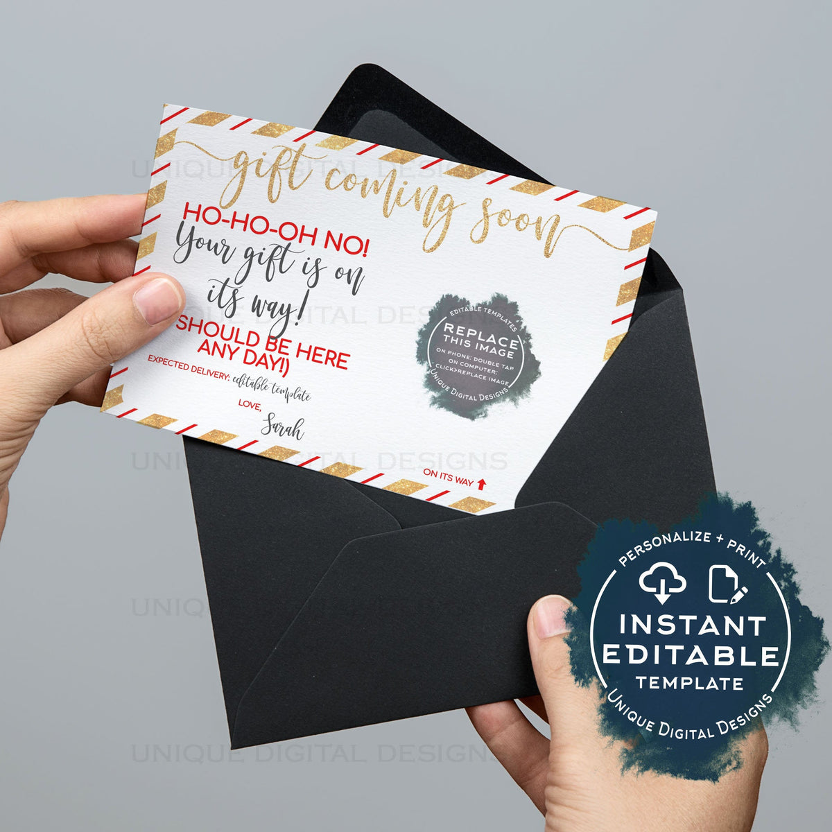 Delayed Gift Coming Soon Certificate, Editable Christmas Printable Gif