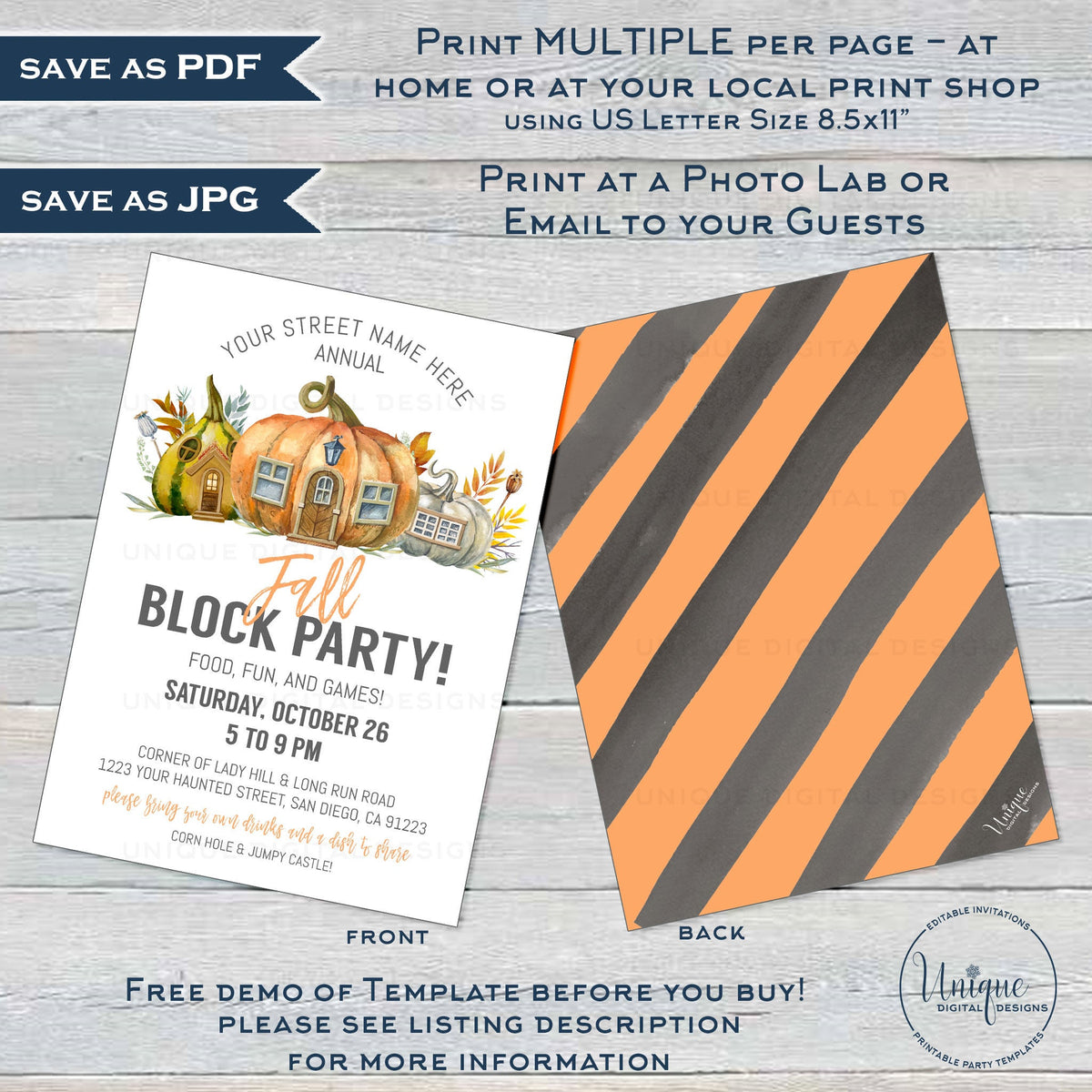 Fall Block Party Invitation, Editable Street Party Invite, Fall Neighb