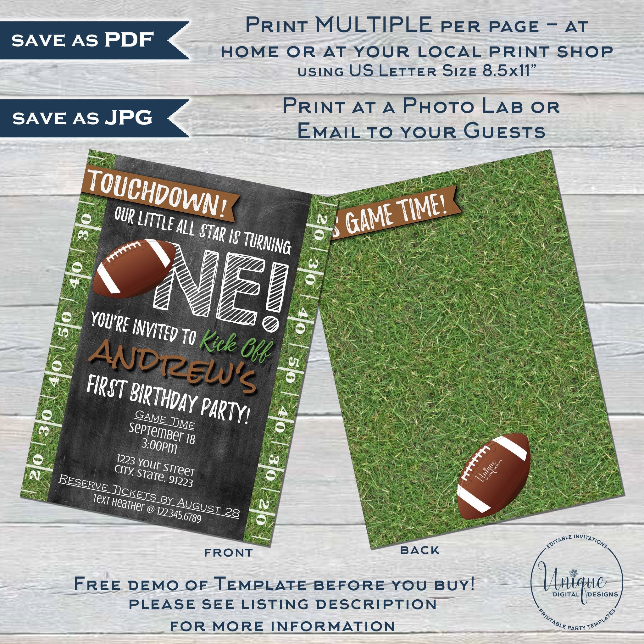 Football Birthday Invitation, Editable First Birthday Invite, Game Tim
