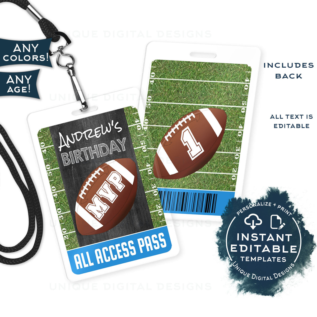 Football Birthday All Access Pass, Editable First Birthday Football Pa