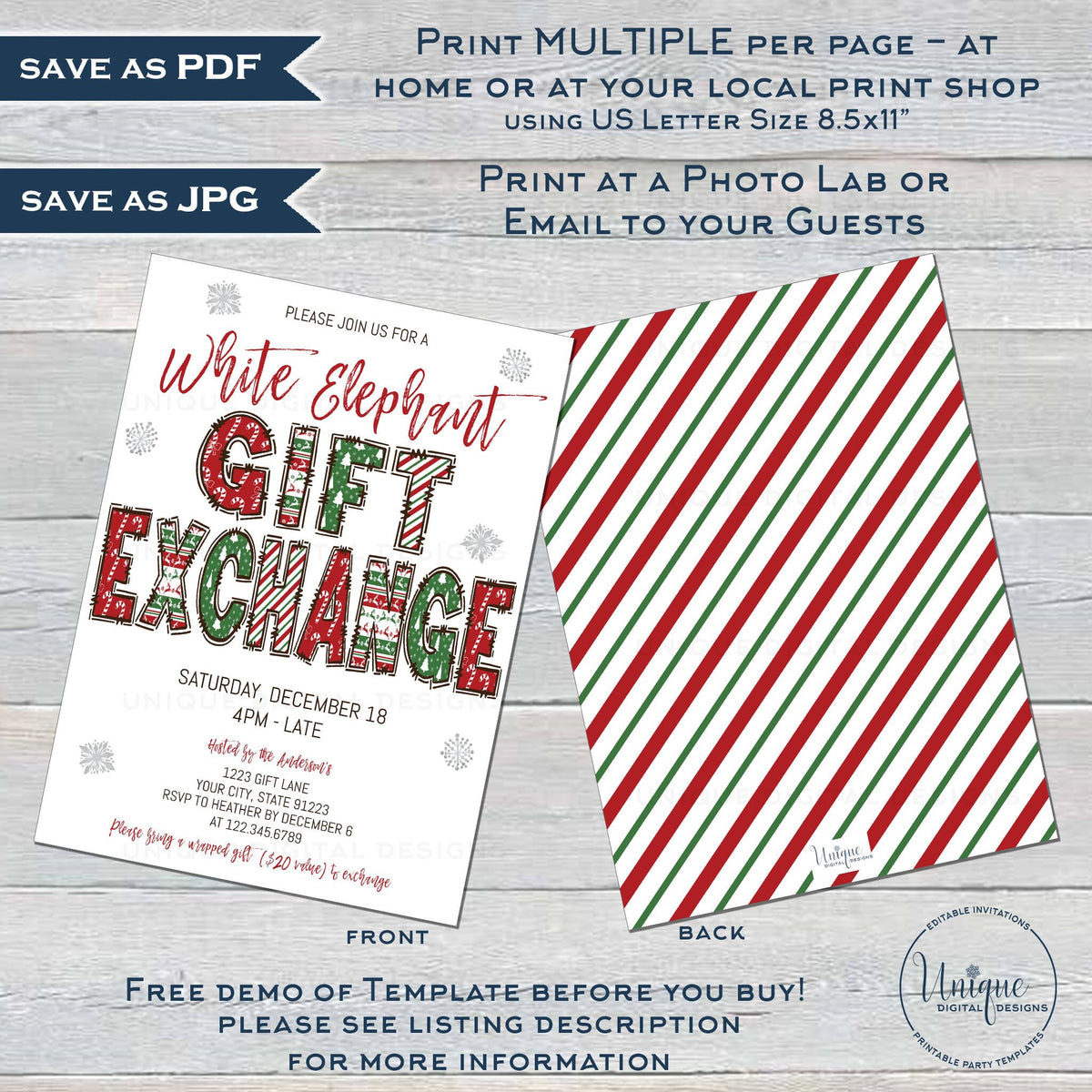 Holiday Gift Exchange Party Invitation, Editable Christmas White Eleph