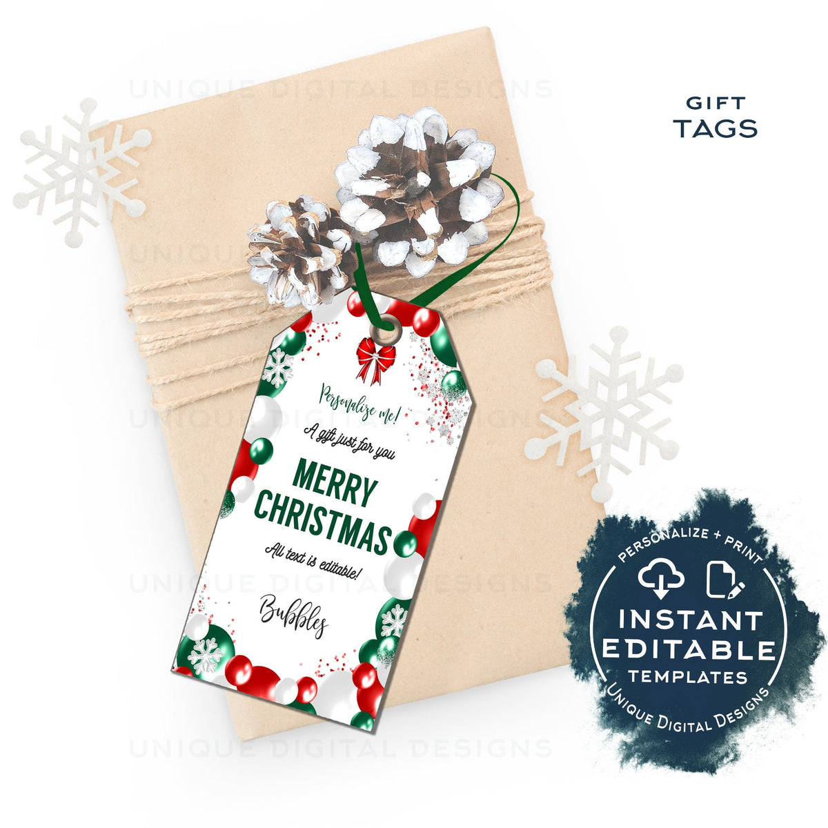 Editable Christmas Gift Tags, Merry Christmas Personalized Holiday Tag