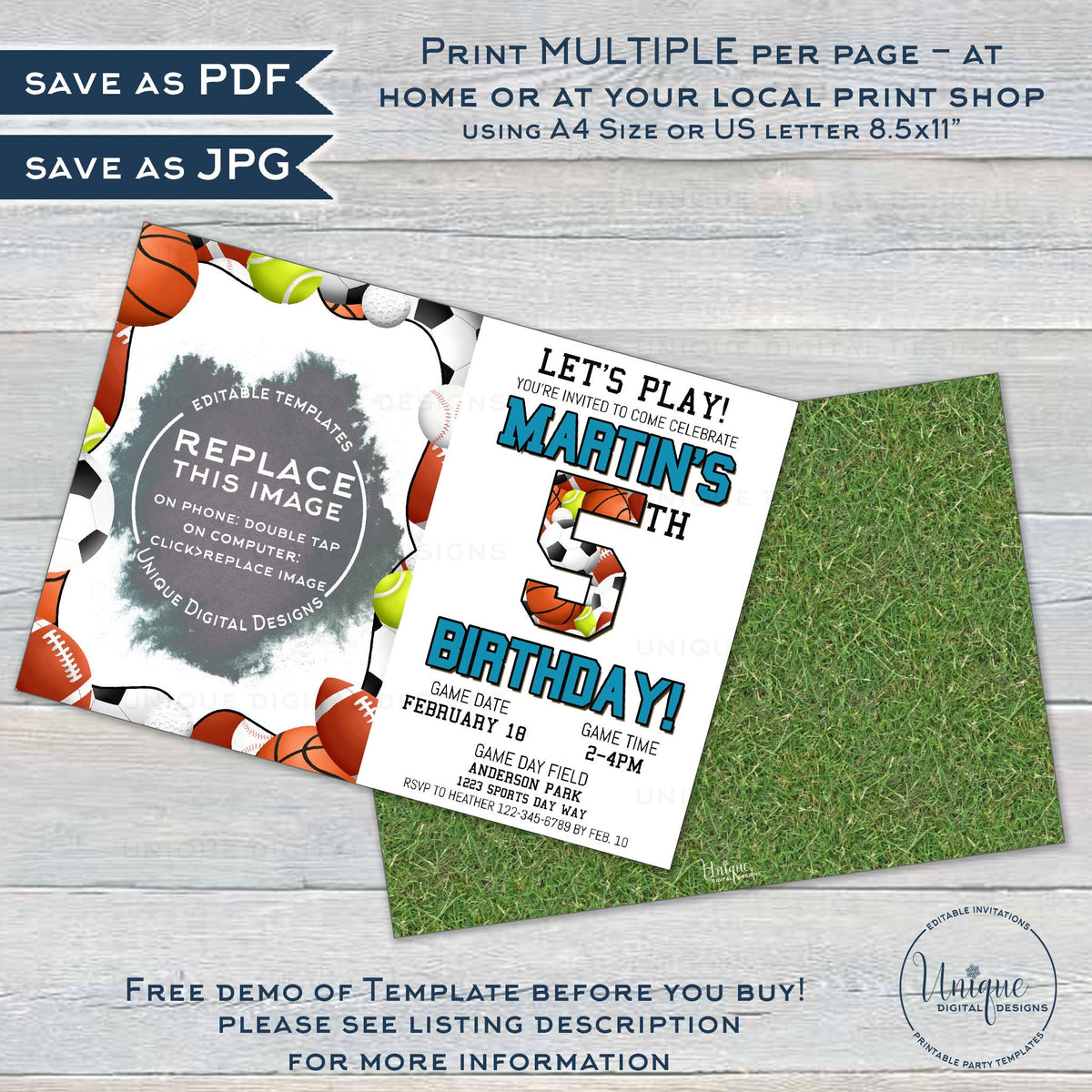 Play Ball Sports Birthday Invitation, Editable Birthday Invite, Footba