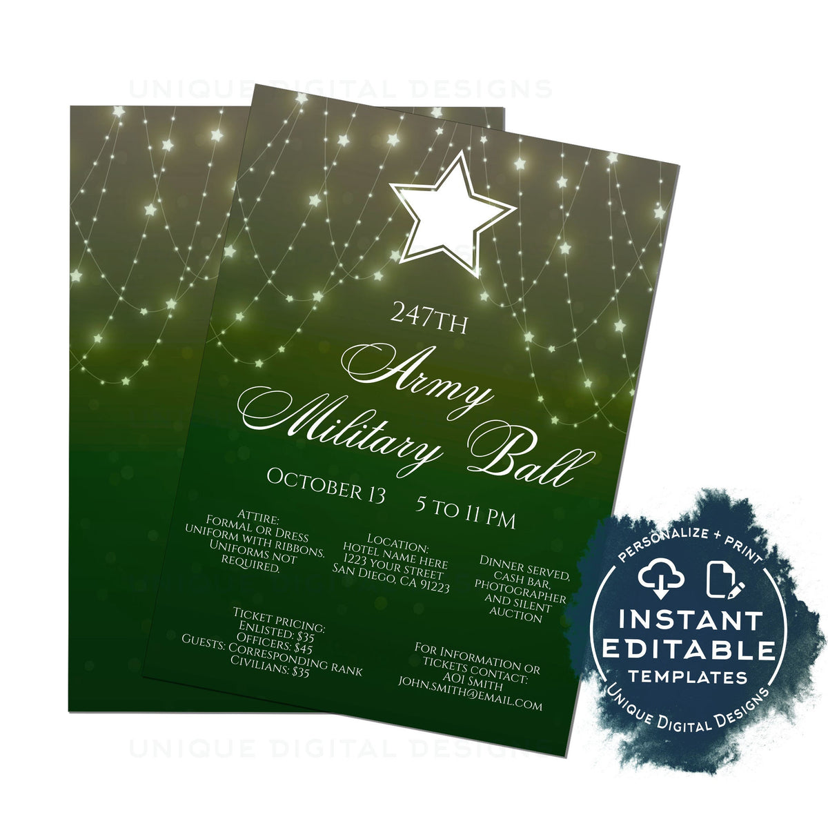 Military Ball Flyer, Army Birthday Ball Invitation Editable, Military