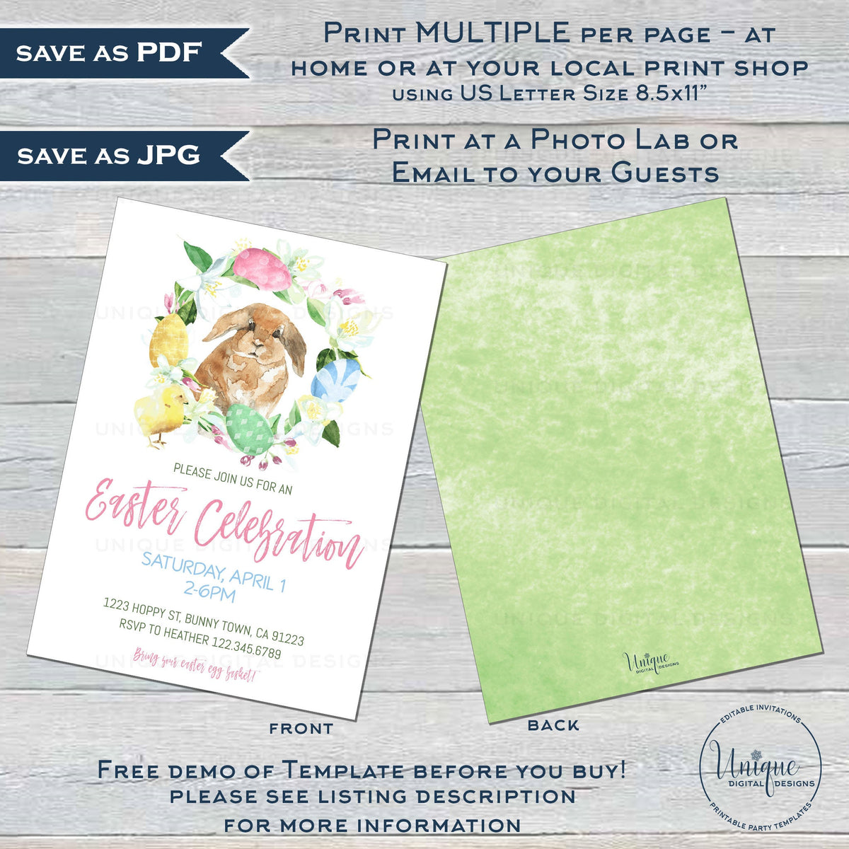 Editable Easter Celebration Invitation, Easter Egg Hunt Party Invite,